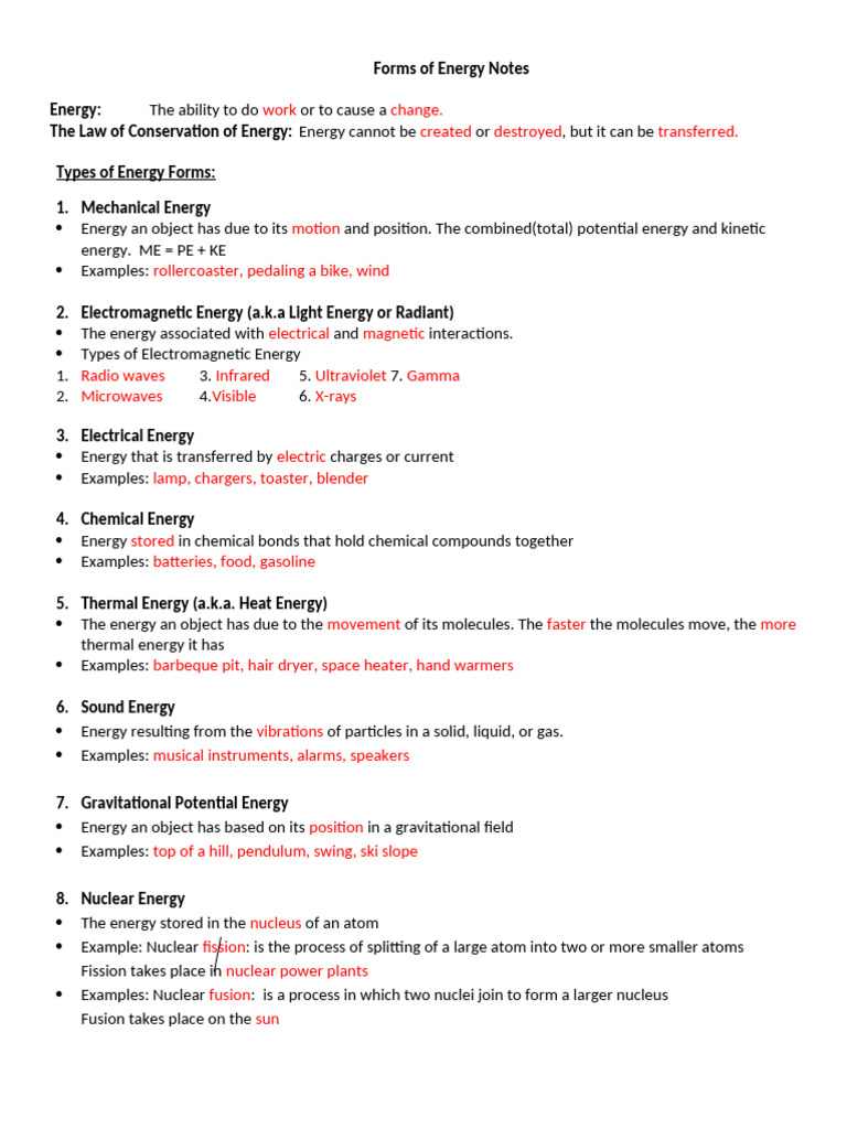 Forms of Energy Notes 2019 answers 2 | PDF