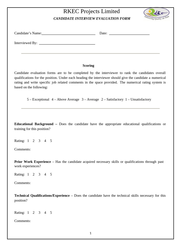 Candidate Evaluration Form | PDF | Skill | Business