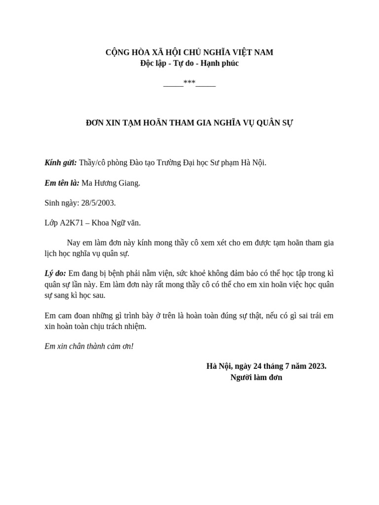 Mau Don Xin Hoan Mien Nghia Vu Quan Su | PDF