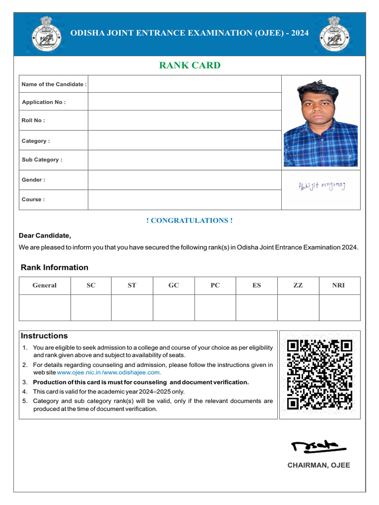 Rank Card: Odisha Joint Entrance Examination (Ojee) - 2024 | PDF