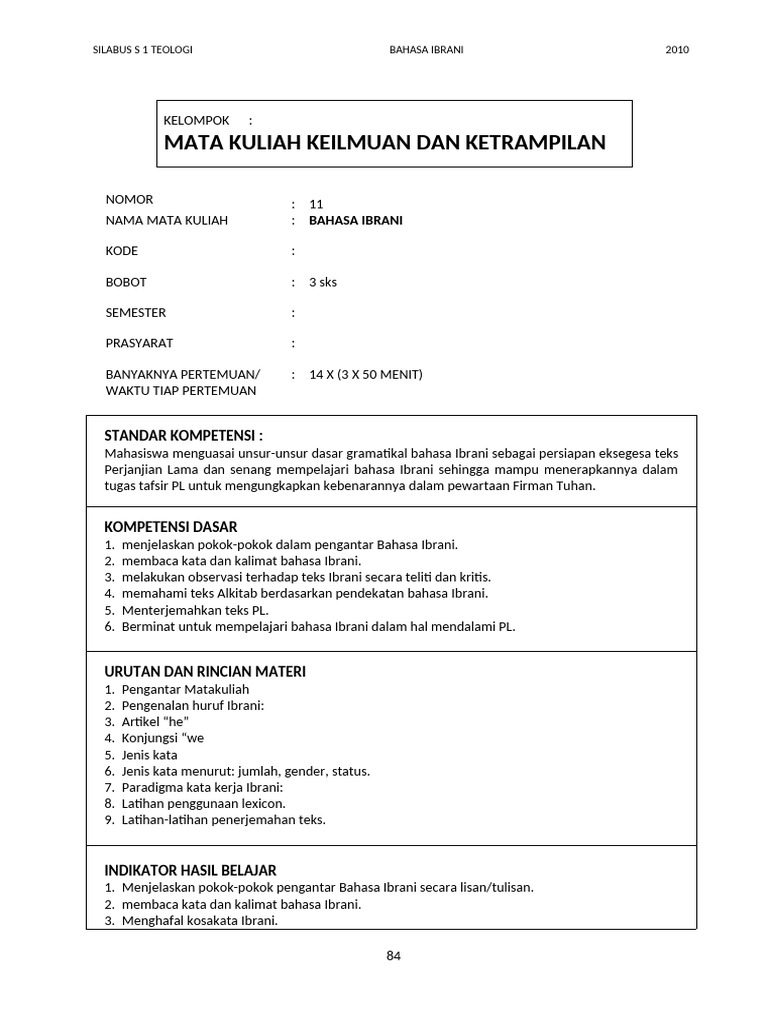 Silabus Bahasa Ibrani S1 Teologi | PDF