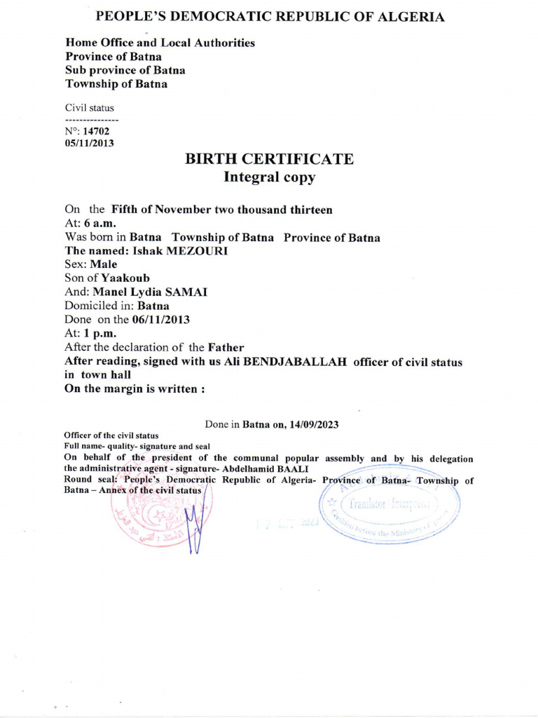 Ishak MEZOURI Birth Certificate English | PDF
