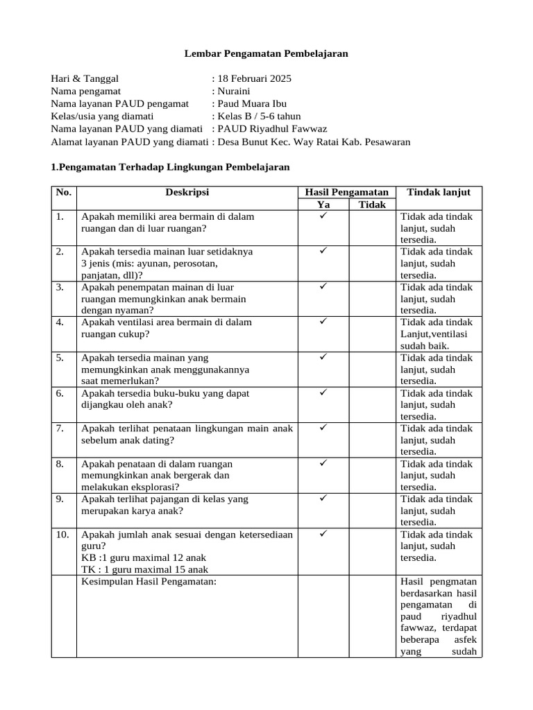 KBL - Lembar Pengamatan Pembelajaran - Diksar | PDF