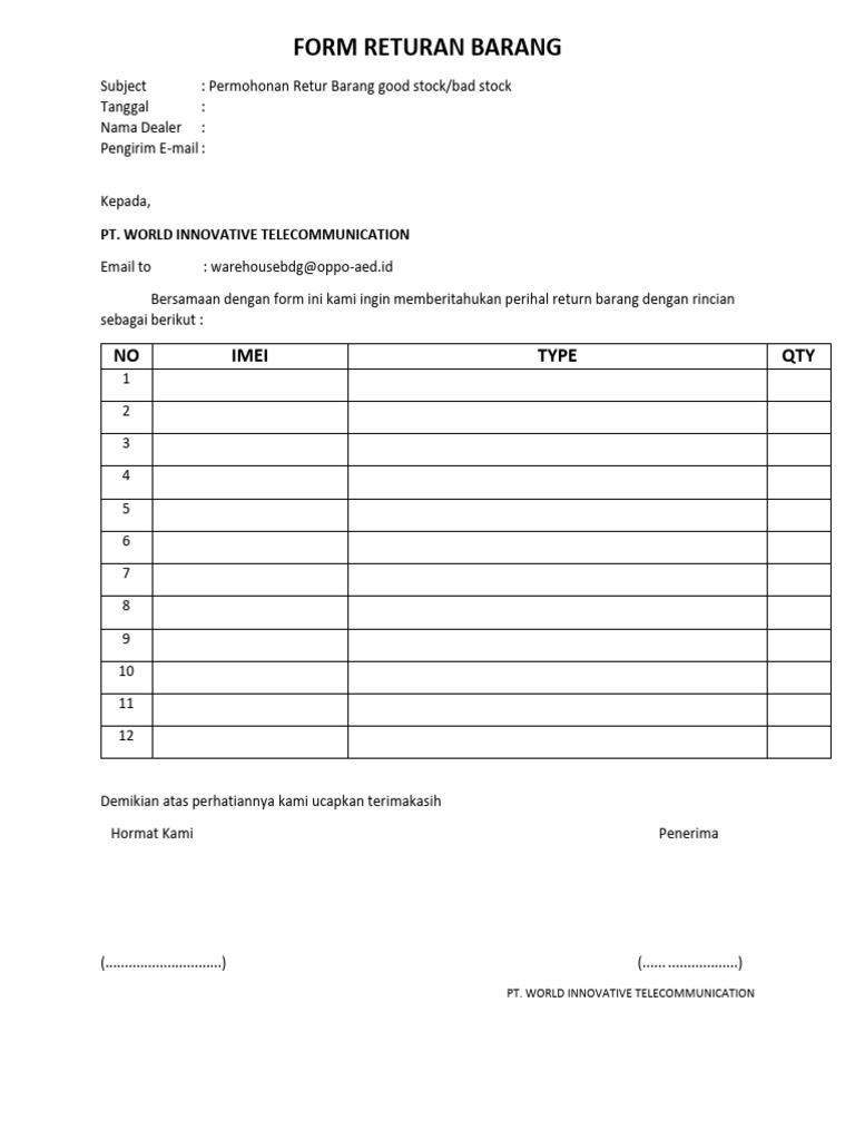 Form Returan Barang | PDF