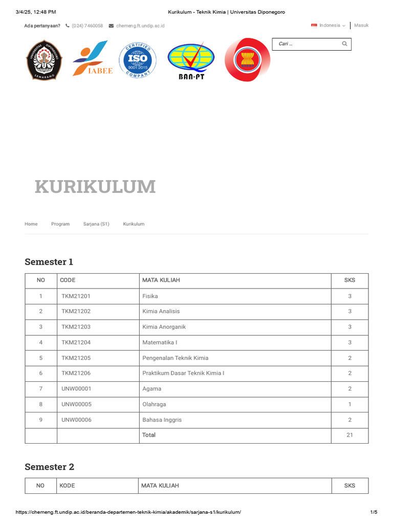 Kurikulum - Teknik Kimia - Universitas Diponegoro | PDF