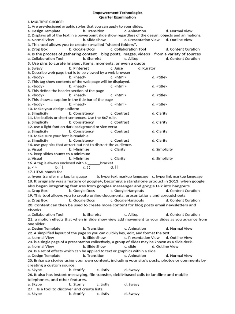Empowerment Technologies Exam Guide | PDF | Markup Language | Html