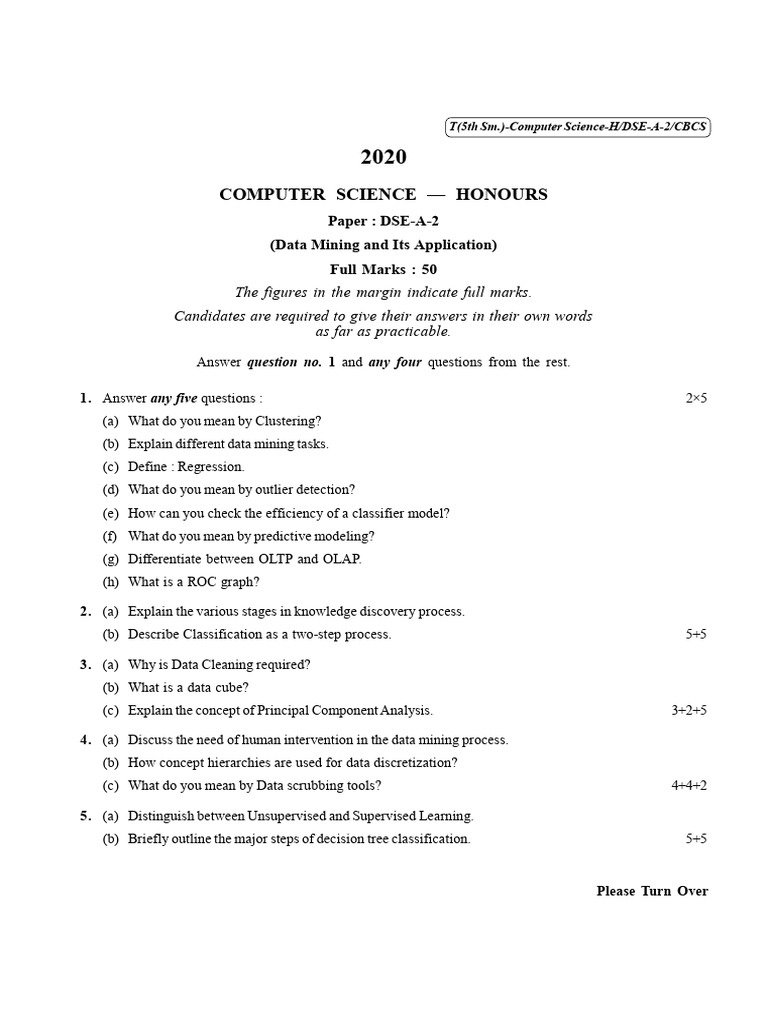 CU-2020 B.Sc. (Honours) Computer Science Semester-V Paper-DSE-A-2 QP | PDF | Data | Data Mining
