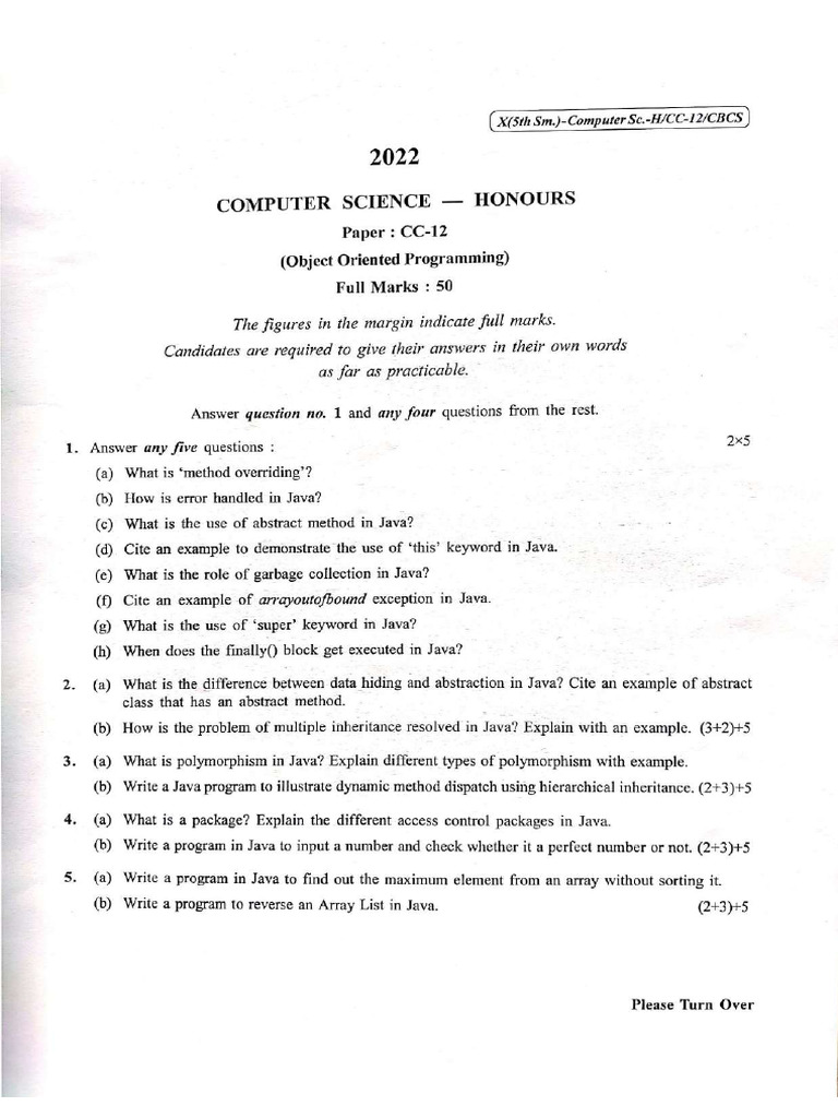 CU-2022 B.Sc. (Honours) Computer Science Semester-5 Paper-CC-12 QP | PDF