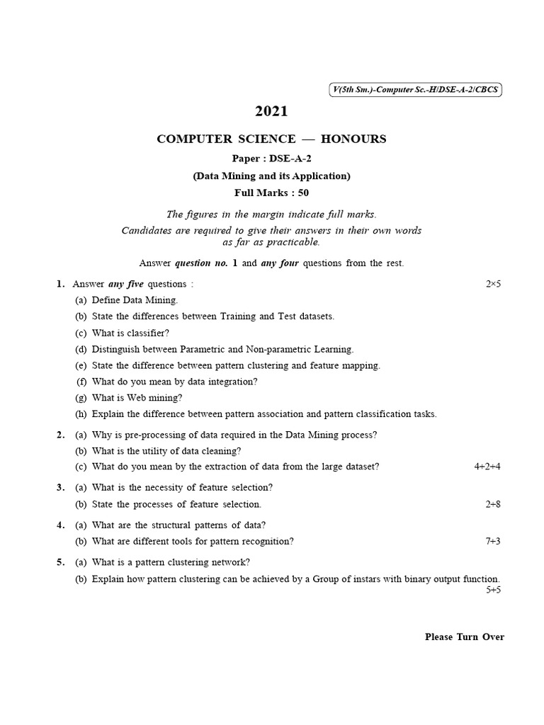 CU-2021_B.Sc._(Honours)_Computer_Science_Semester-5_Paper-DSE-A-2_QP | PDF | Data Mining | Data