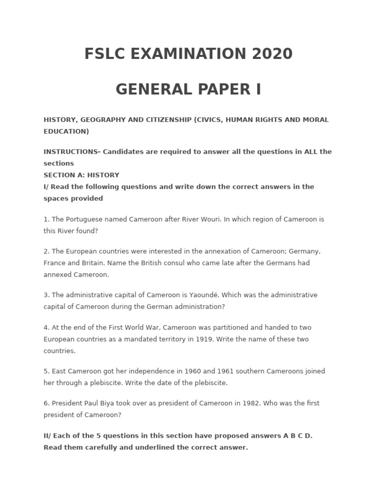 General Paper I FSLC EXAMINATION 2020 | PDF | Cameroon | Ancient Greece