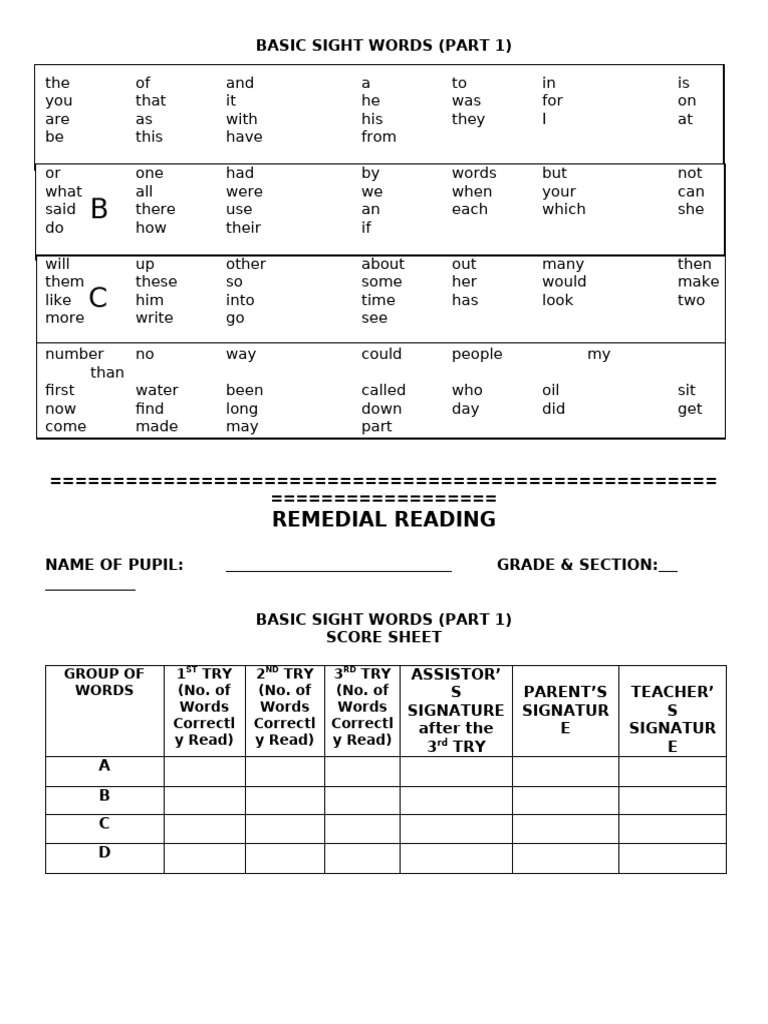 Basic Sight Words Individual Card | PDF