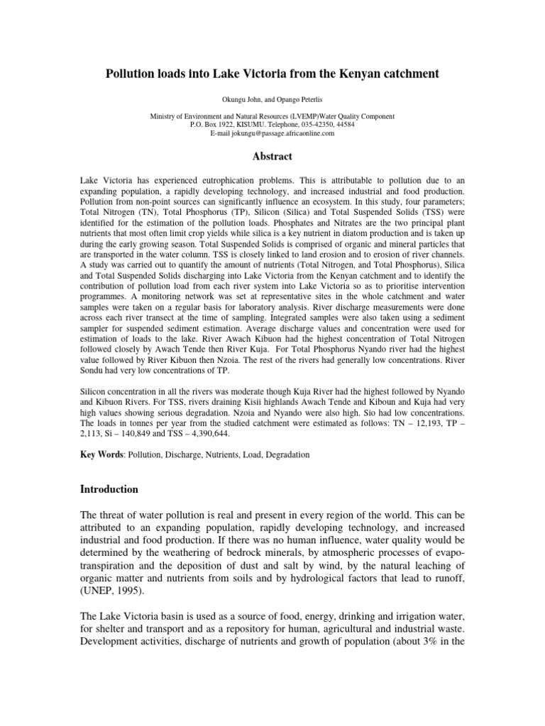 Pollution Loads in Lake Victoria's Catchment | PDF | Soil | Eutrophication