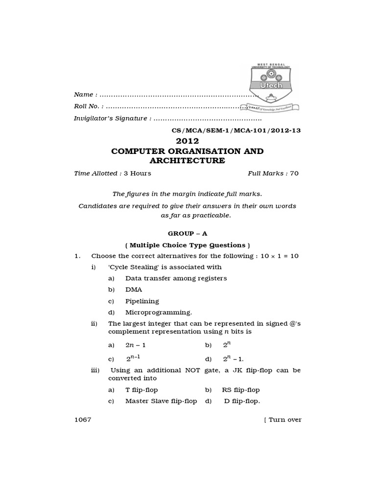 Mca 101 Computer Organisation and Architecture 2012 | PDF | Computing | Digital Electronics
