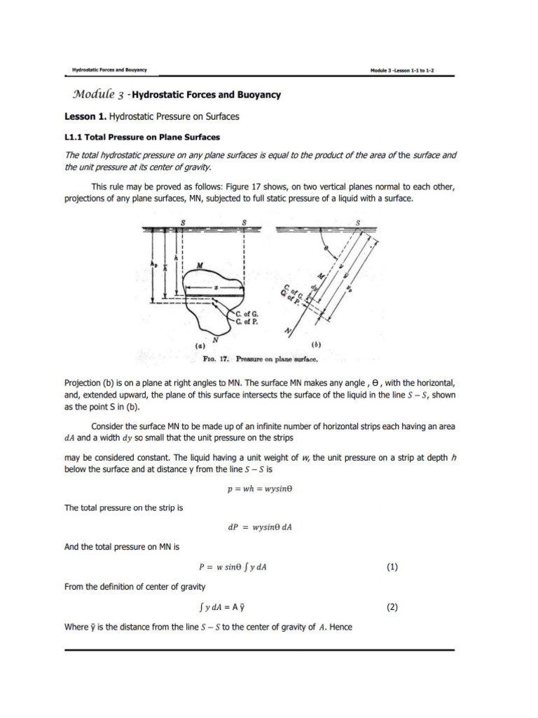 Module 3 Hydrostatic Pressure On Surfaces Pdf