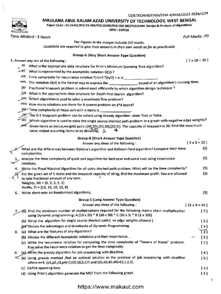 Btech Es Cs PCC 4 Sem Design and Analysis of Algorithms Es Cs401 2024 | PDF
