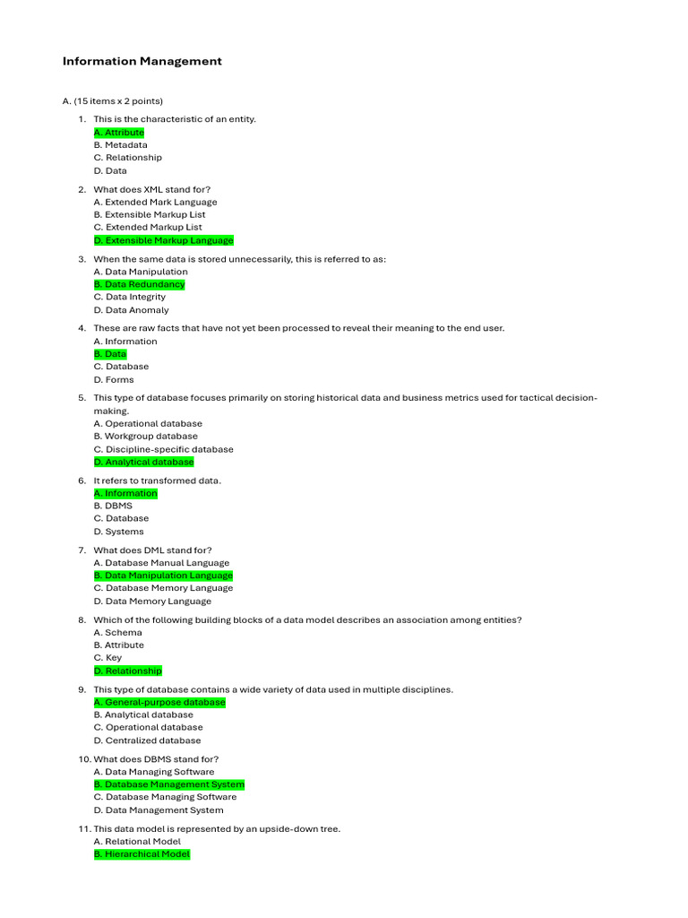 Information Management Quiz Questions | PDF | Databases | No Sql