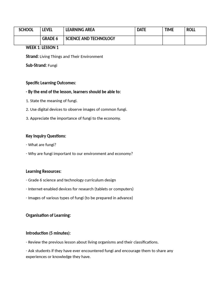 Grade 6 Fungi Lesson Plans | PDF | Fungus | Invertebrate