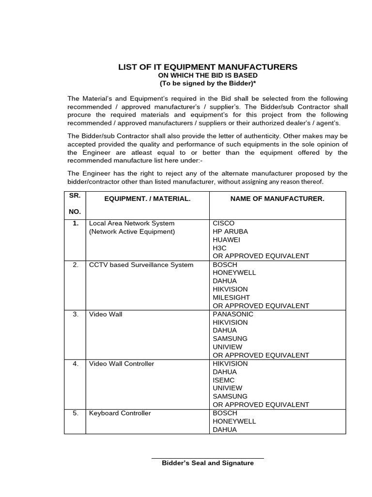 Approved Manufacturers List for Bid | PDF | Telecommunications ...