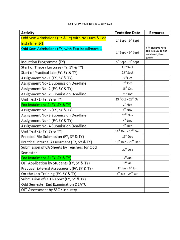 Activity Calendar 2023-24 Term I | PDF