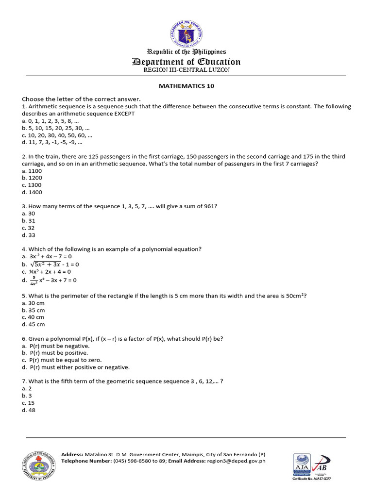 Mathematics 10 Exam Questions and Answers | PDF | Circle | Geometry