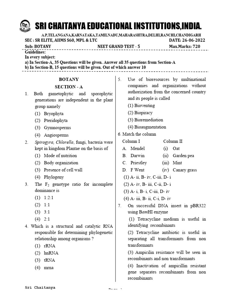 SR Elite, Aiims S60, MPL & LTC Neet Grand Test - 5 Paper (26-06-2022 ...