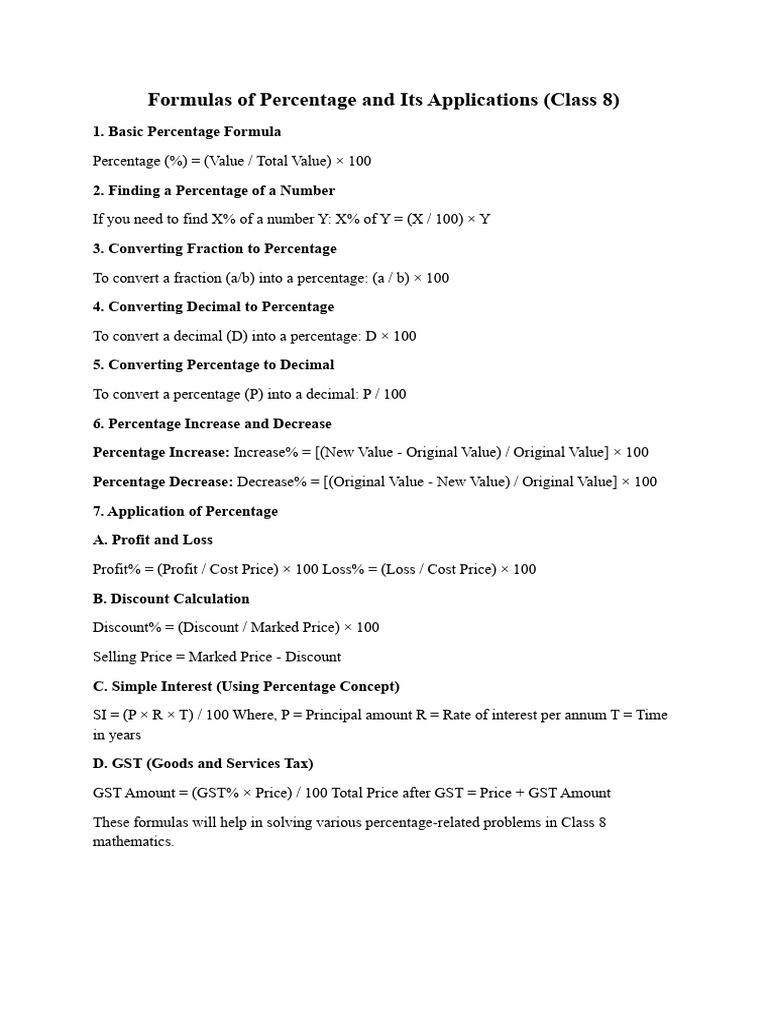 Formulas of Percentage and Its Applications | PDF