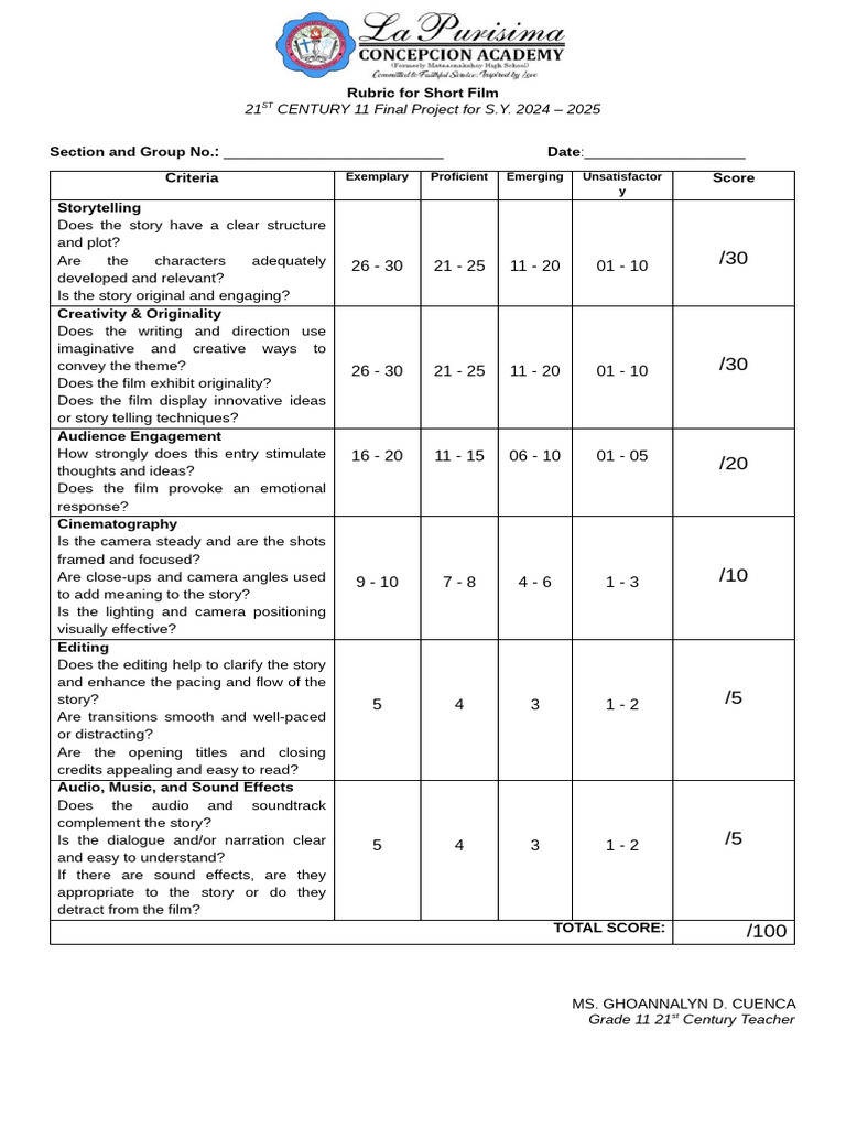 Rubric For Short Film | PDF