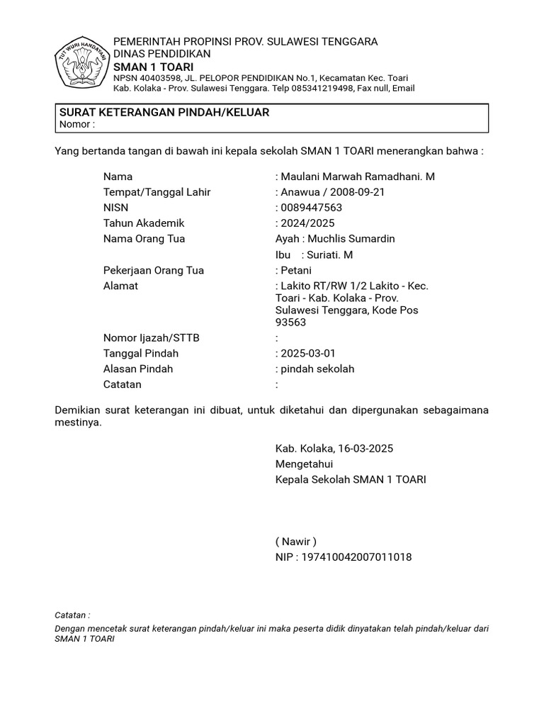 Surat Pindah Marwah | PDF