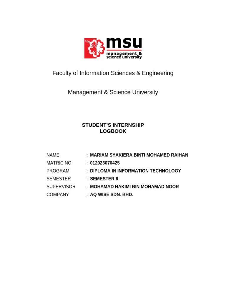 Internship Logbook Week 2 (Mariam Syakiera) | PDF | Software | Computer ...