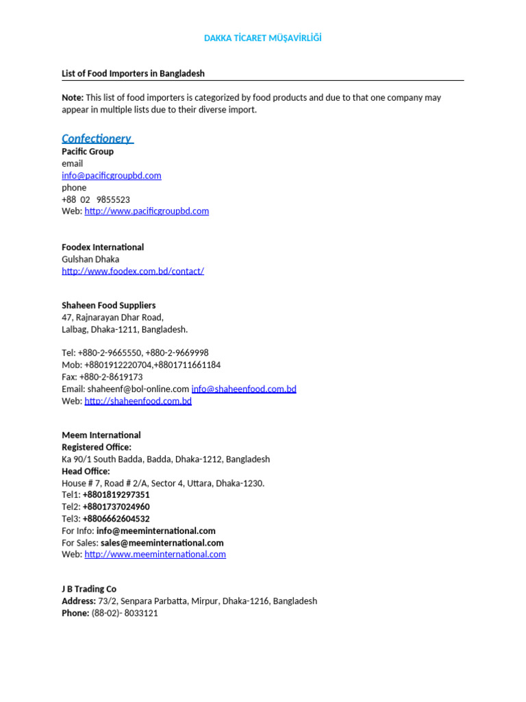 Food Importers List in Bangladesh | PDF | Dhaka | World Politics