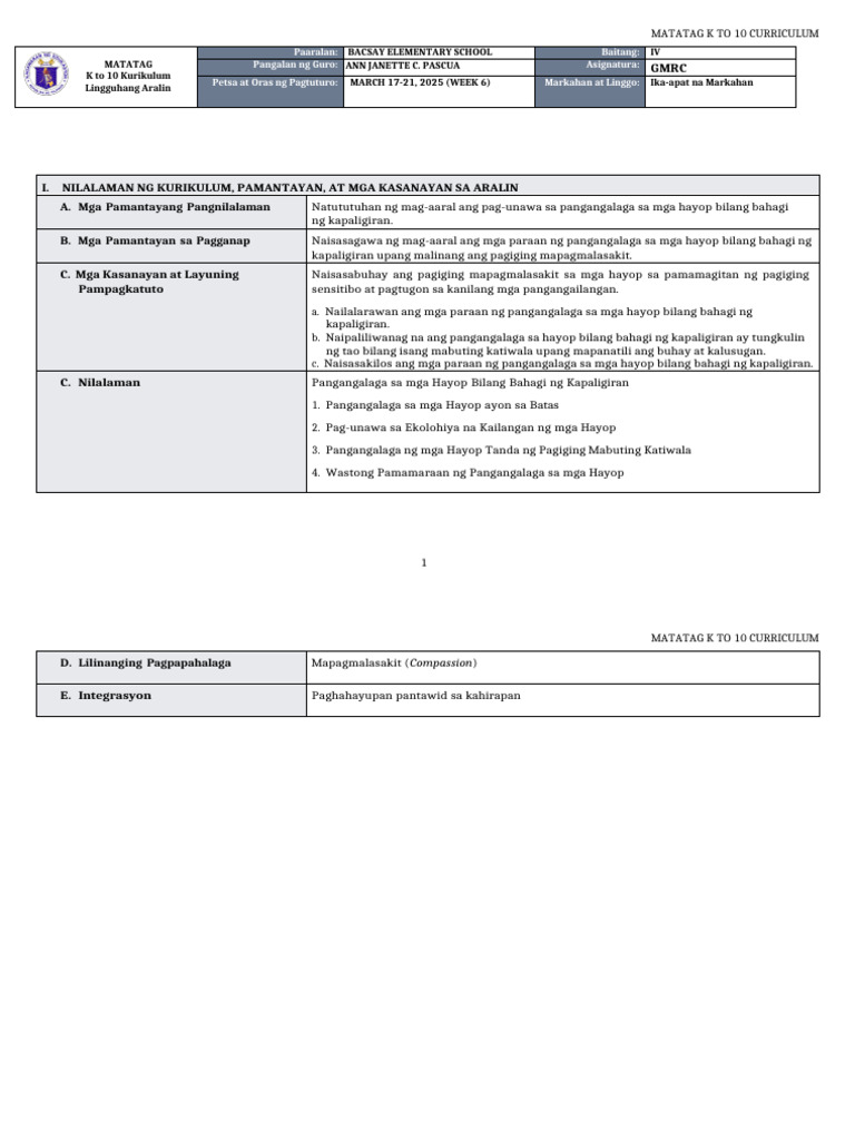 DLL Matatag - GMRC 4 Q4 W6 | PDF