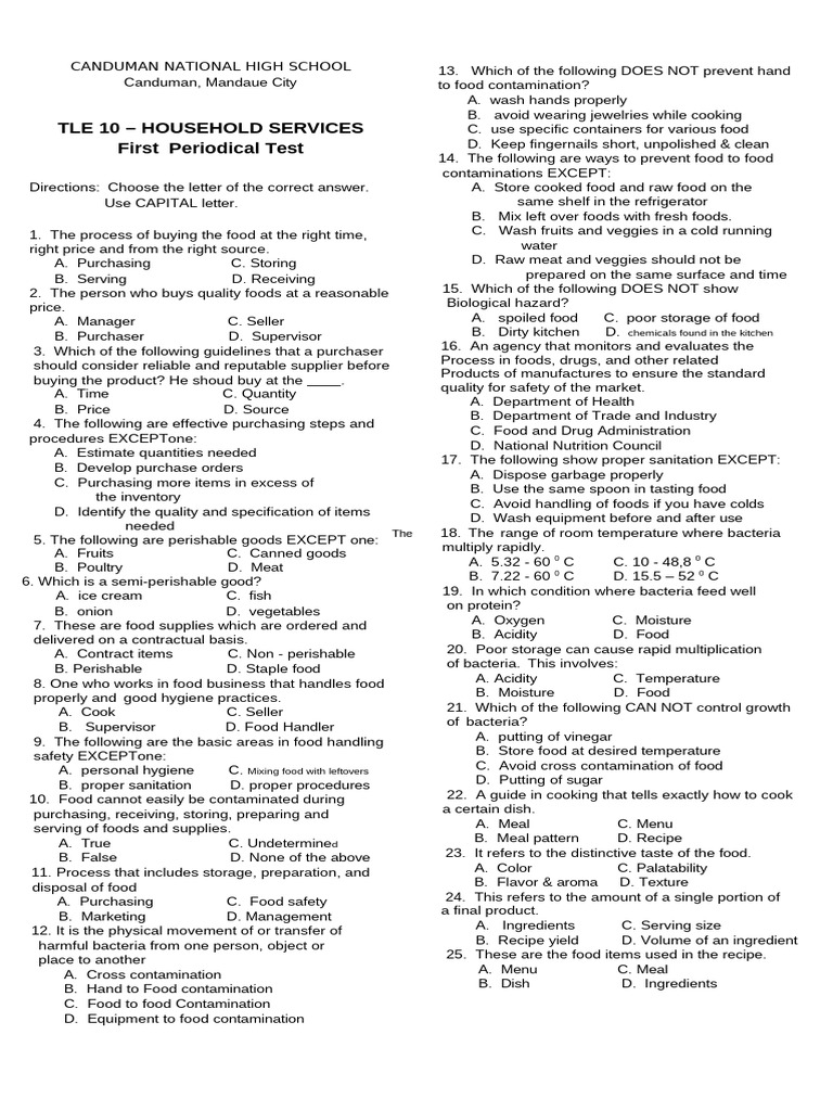 Periodical Test Tle 10 1st Grading | PDF | Grilling | Cooking