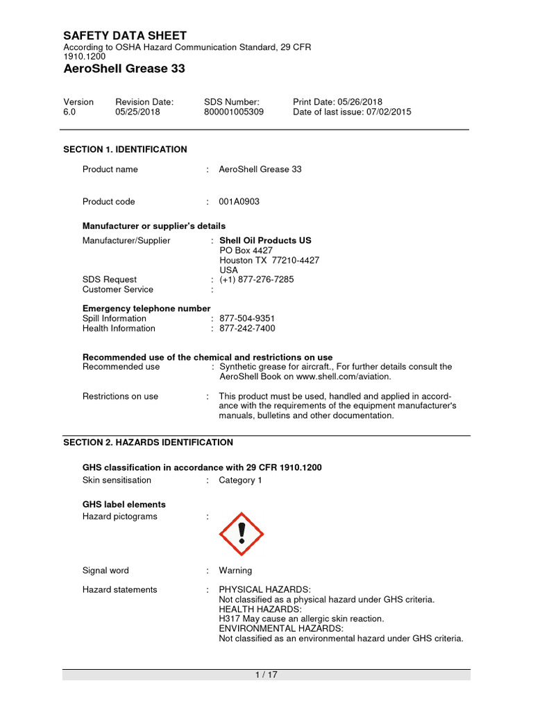 AeroShell Grease 33 Safety Data Sheet | PDF | Toxicity | Occupational ...