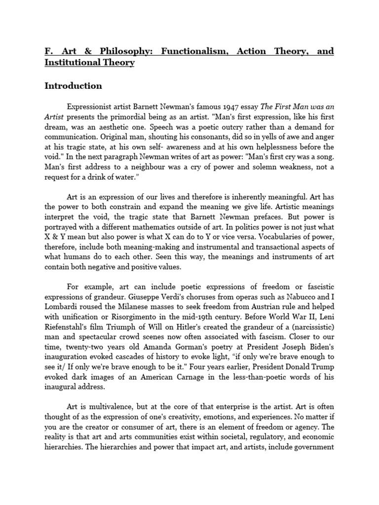 Art Philosophy - Functionalism Action Theory and Institutional Theory ...