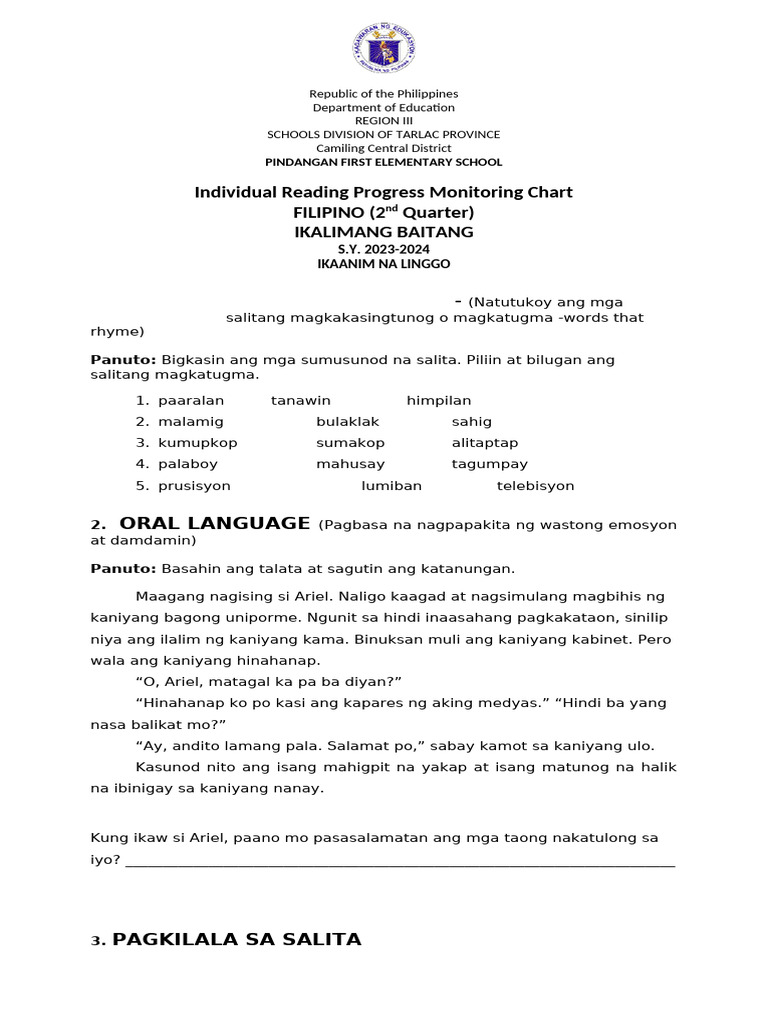 Ndividual Reading Progress Report 2ND QUARTER 2023 2024 4 | PDF