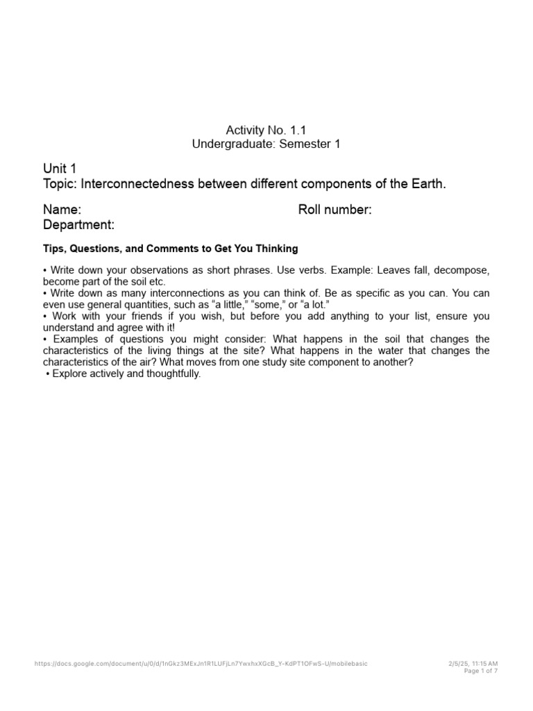 Activity Worksheet 1.1 - Components of The Earth - Homework | PDF ...