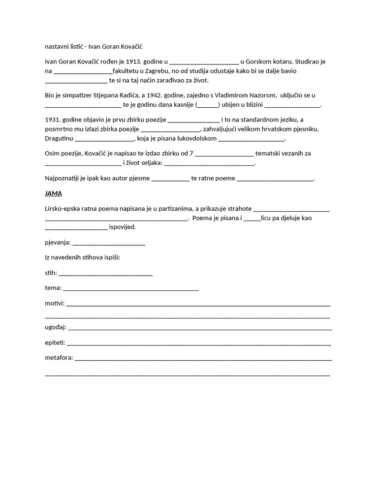 Nastavni Listic I.g.kovačić | PDF