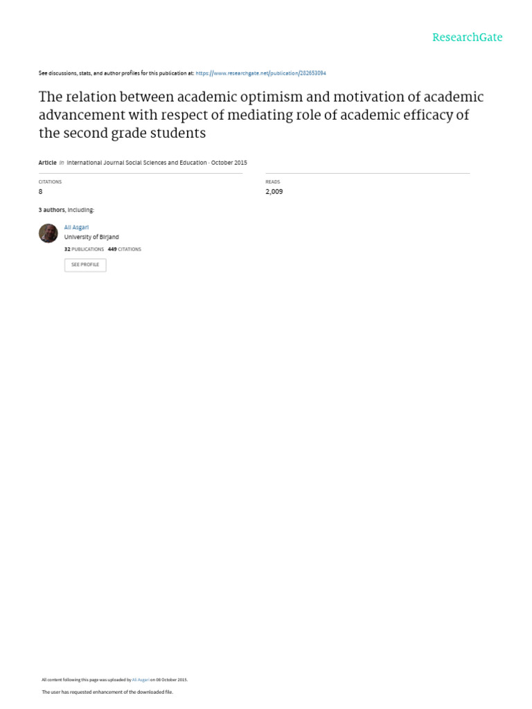 The Relation Between Academic Optimism and Motivation of Academic Advancement With Respect of ...