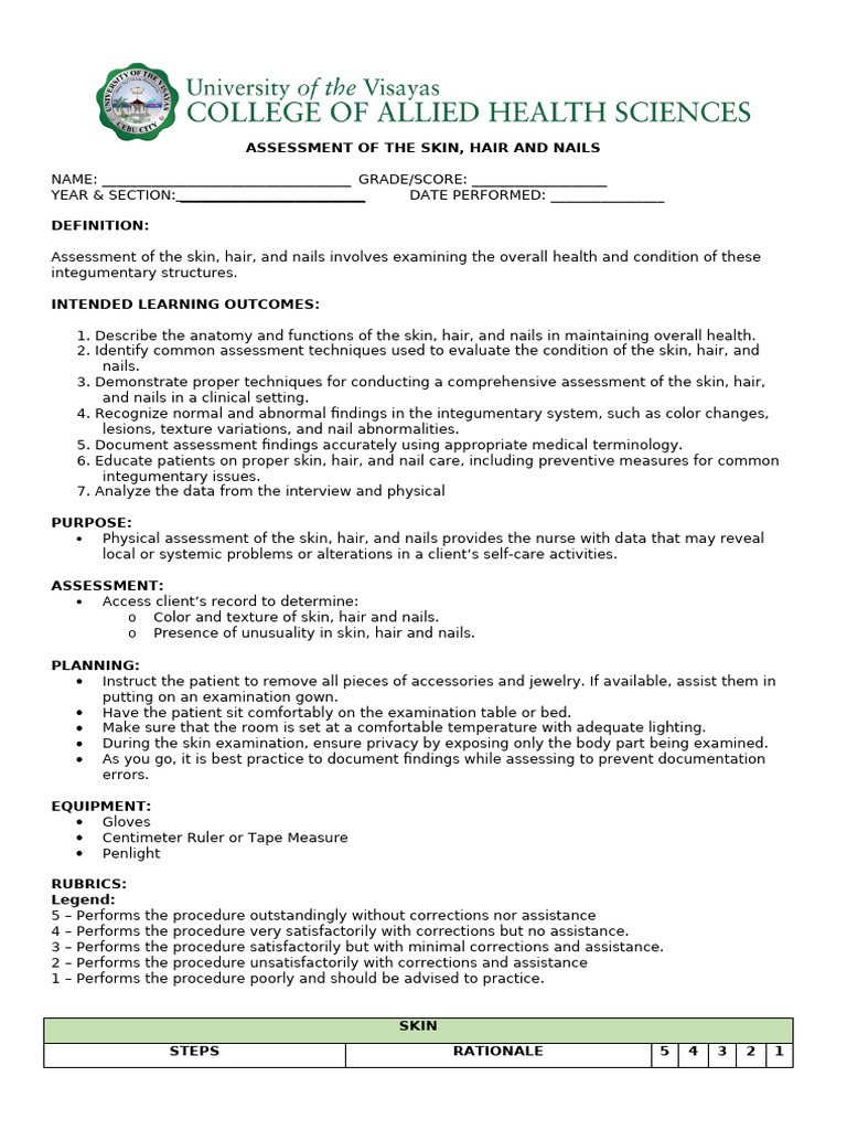 Skin, Hair, and Nails Assessment Guide | PDF | Hair | Nail (Anatomy)
