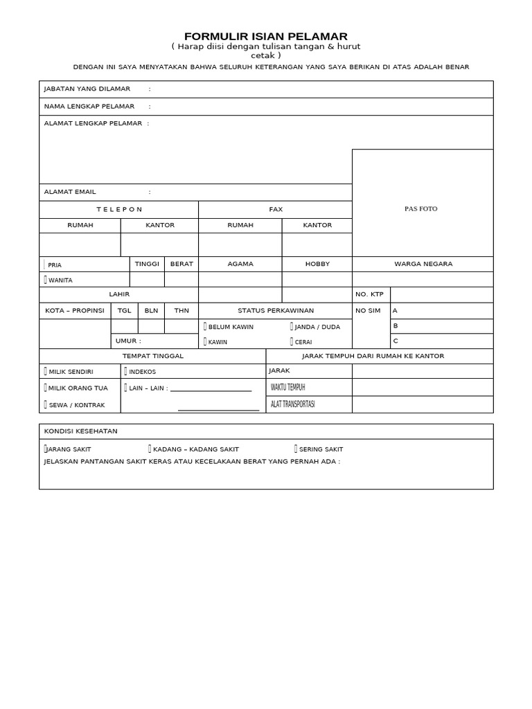 Formulir Isian Pelamar | PDF