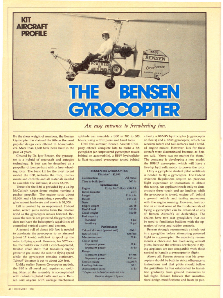 Bensen B80 Gyrocopter Kit Overview | PDF | Aircraft | Aerospace
