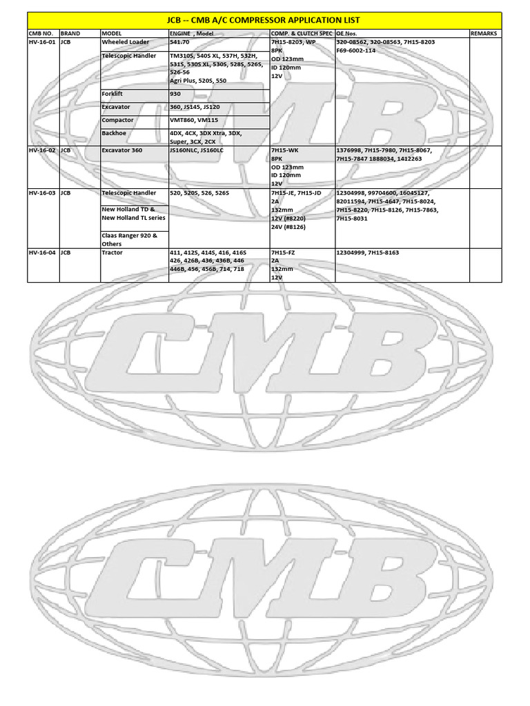 JCB - CMB Ac Compressors Application List | PDF | Heavy Equipment ...