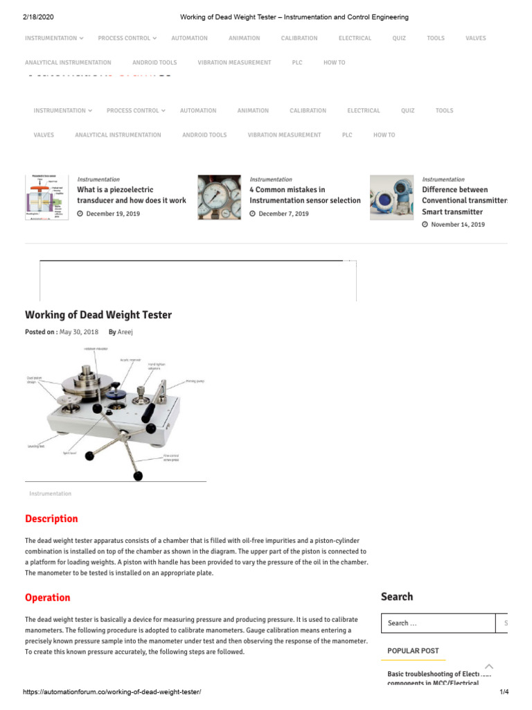 Working of Dead Weight Tester - Instrumentation and Control Engineering ...