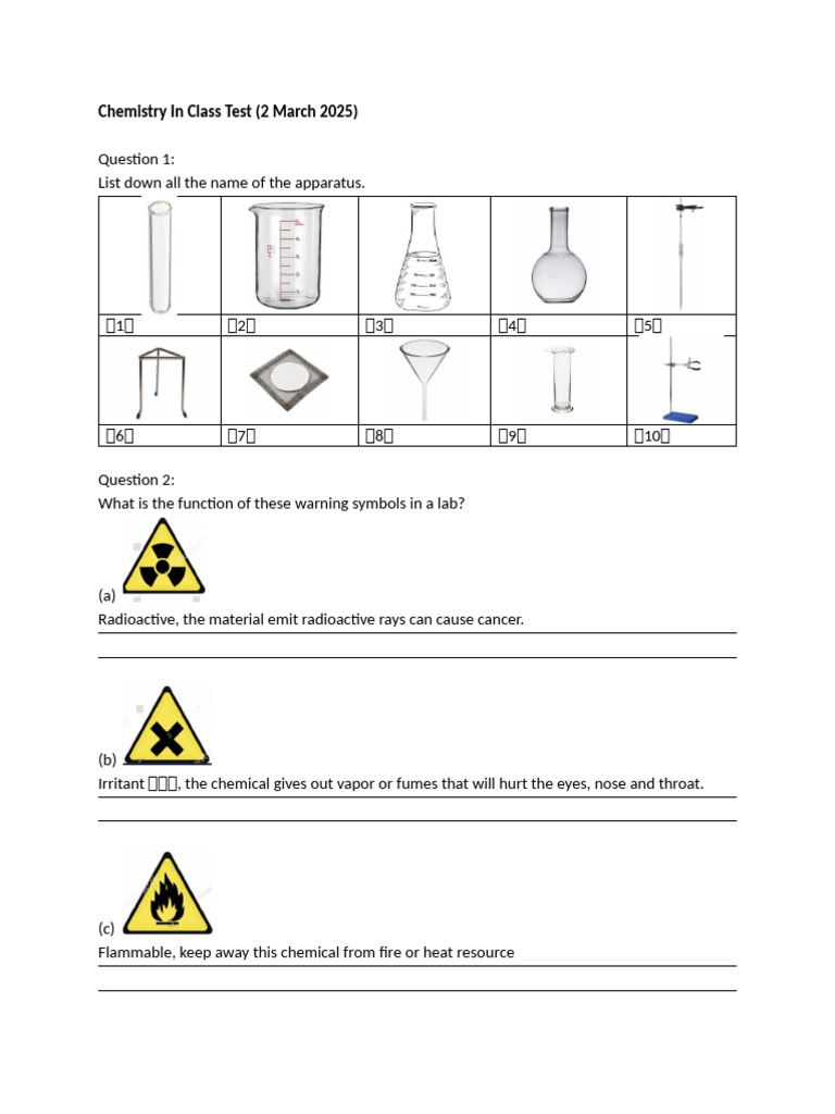 Chemistry Test: Lab Safety & Concepts | PDF
