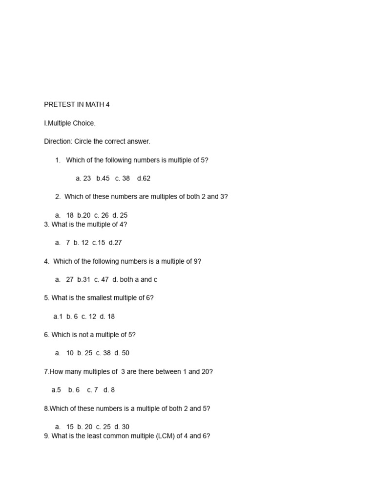 Pretest Math 4 | PDF