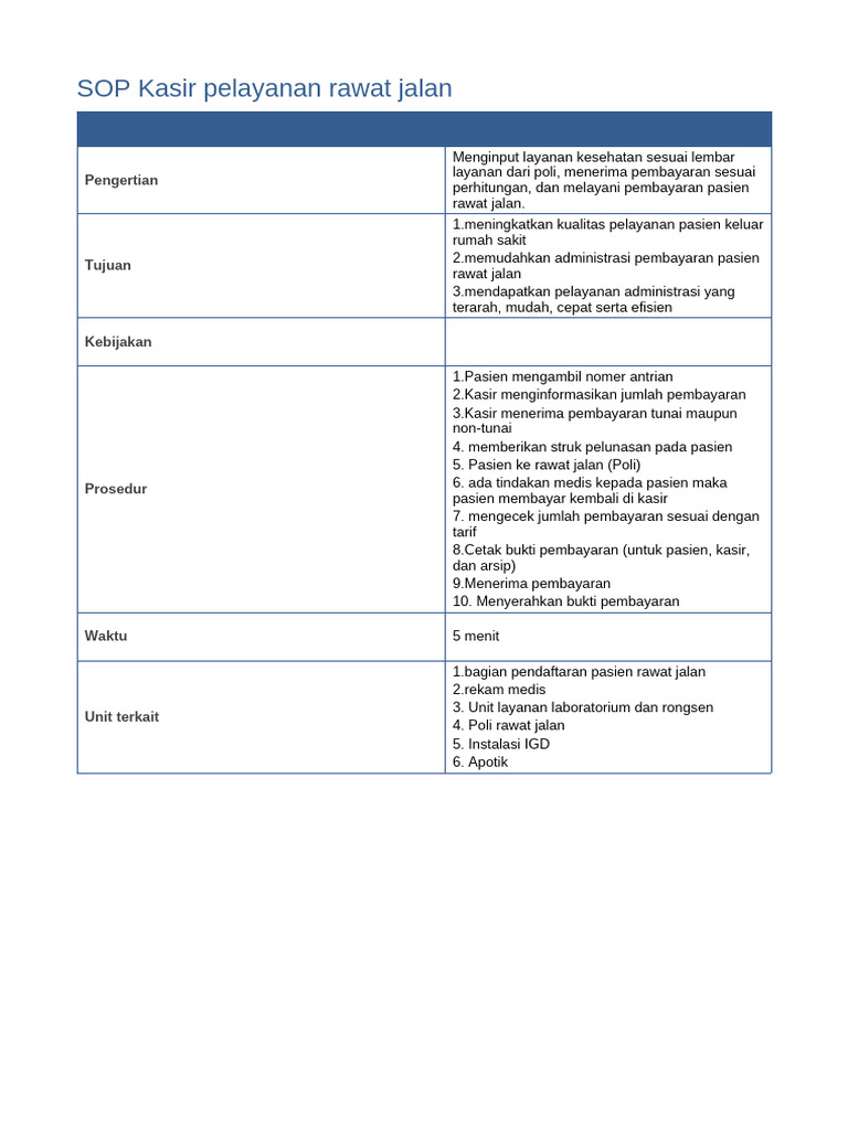SOP Pelayanan Kasir Rawat Jalan | PDF