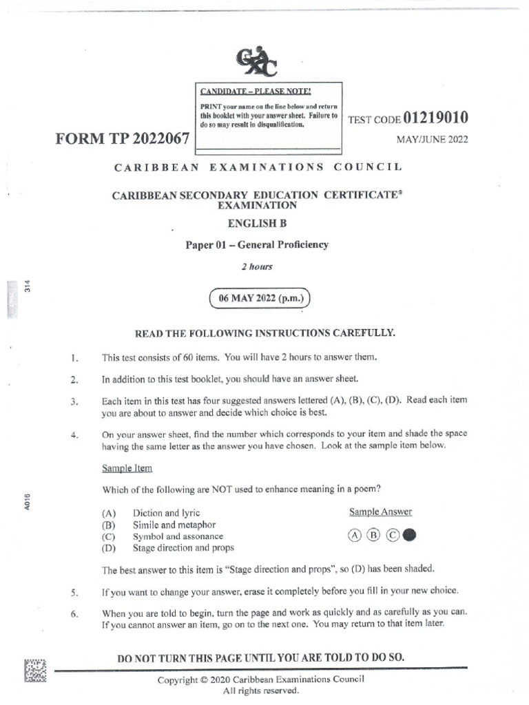 CSEC English B P1 2022 MJ | PDF