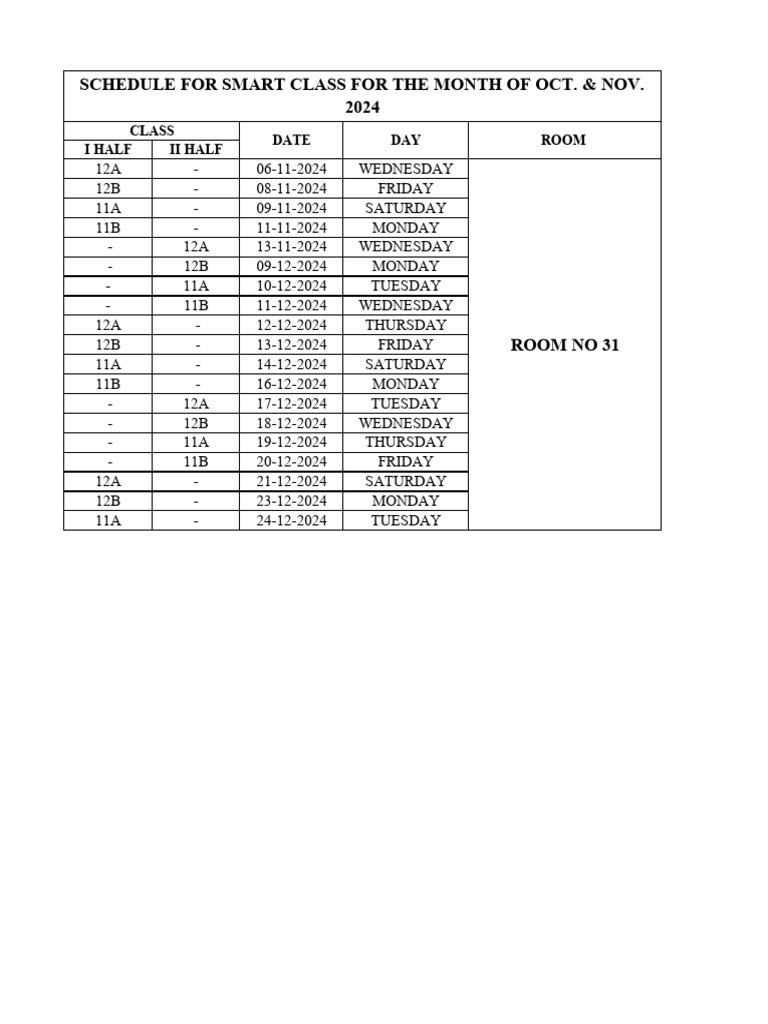 Smart Class Schedule For Room No. 31 | PDF