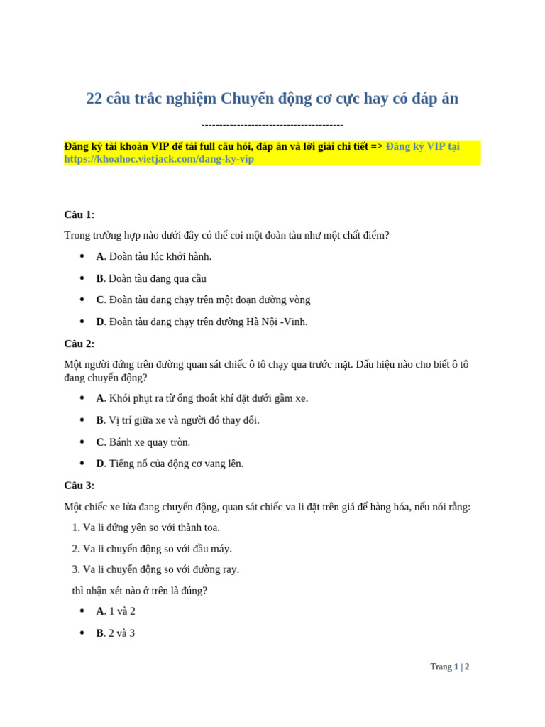 22 Cau Trac Nghiem Chuyen Dong Co Cuc Hay Co Dap An - 2025 - 01 - 18 | PDF