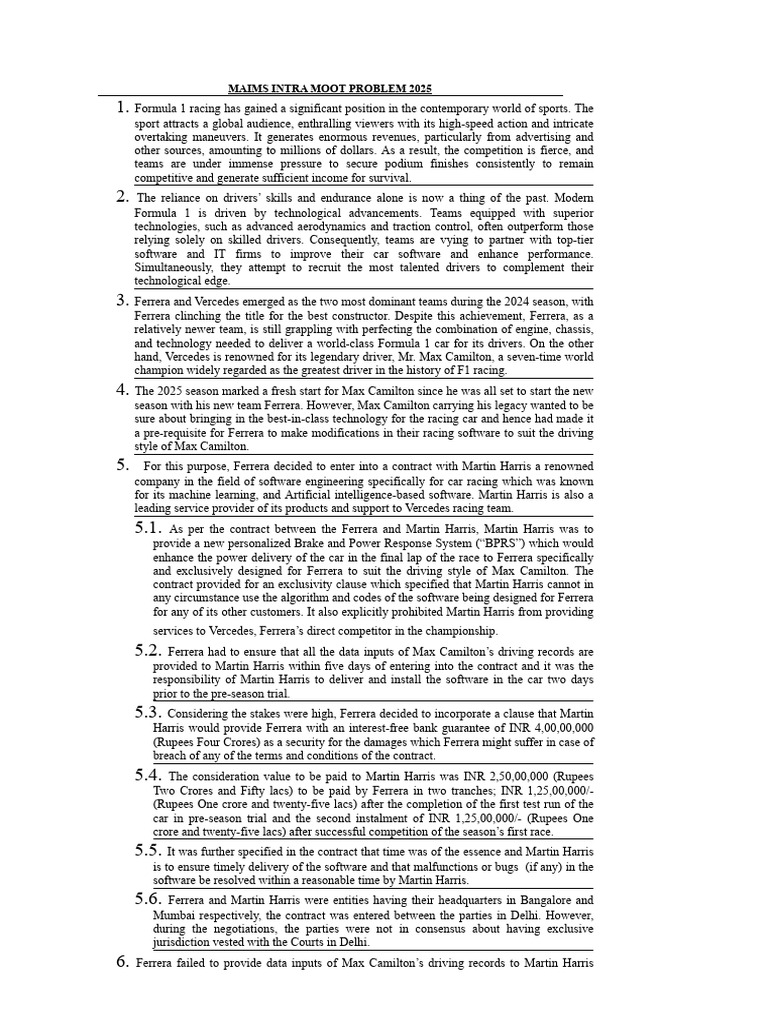 Moot Problem Intra Moot Court Competition 2025 | PDF | Formula One | World Auto Racing Series